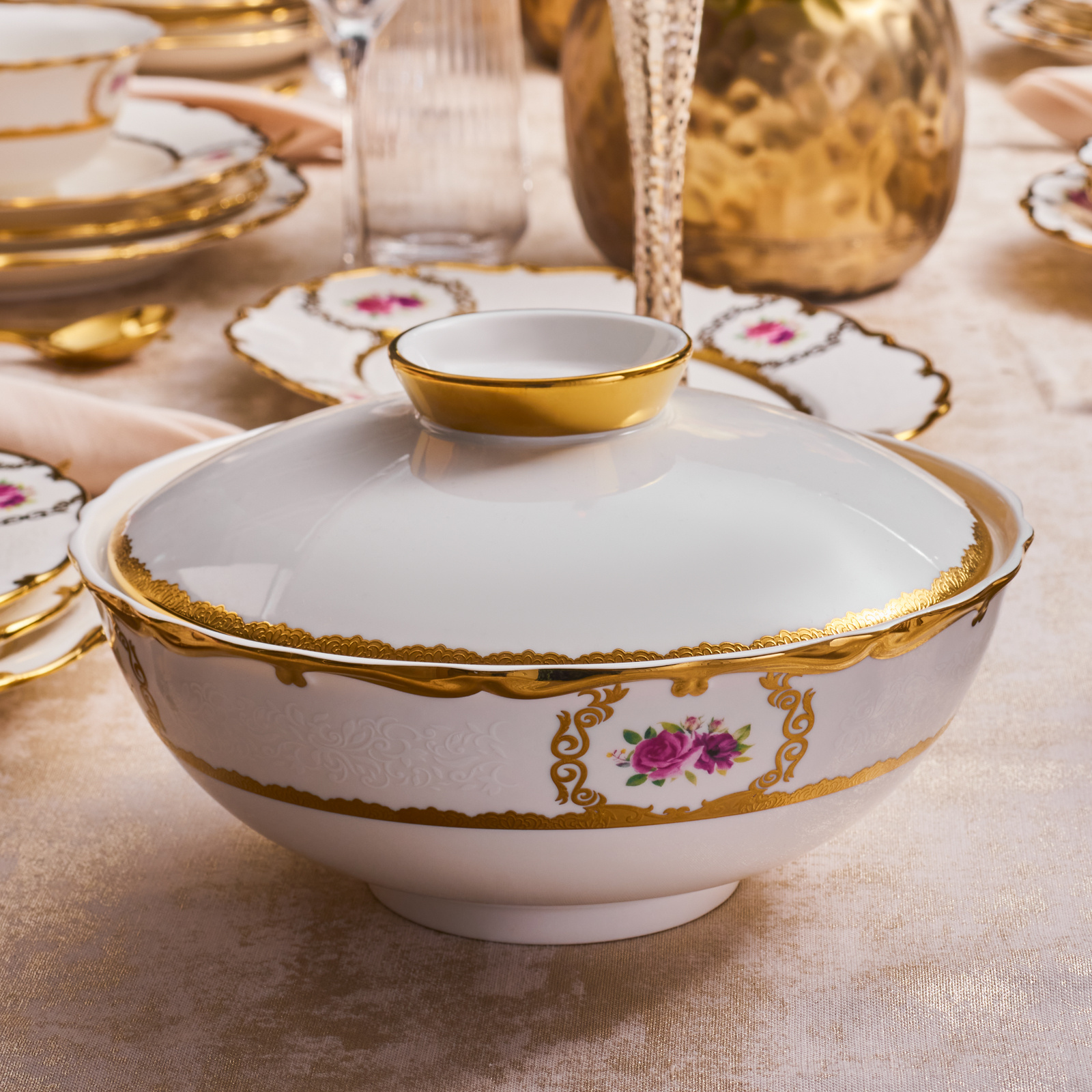 Karaca Royal Bone Elizabeth 55 Parça 12 Kişilik Yemek Takımı Gold Karaca