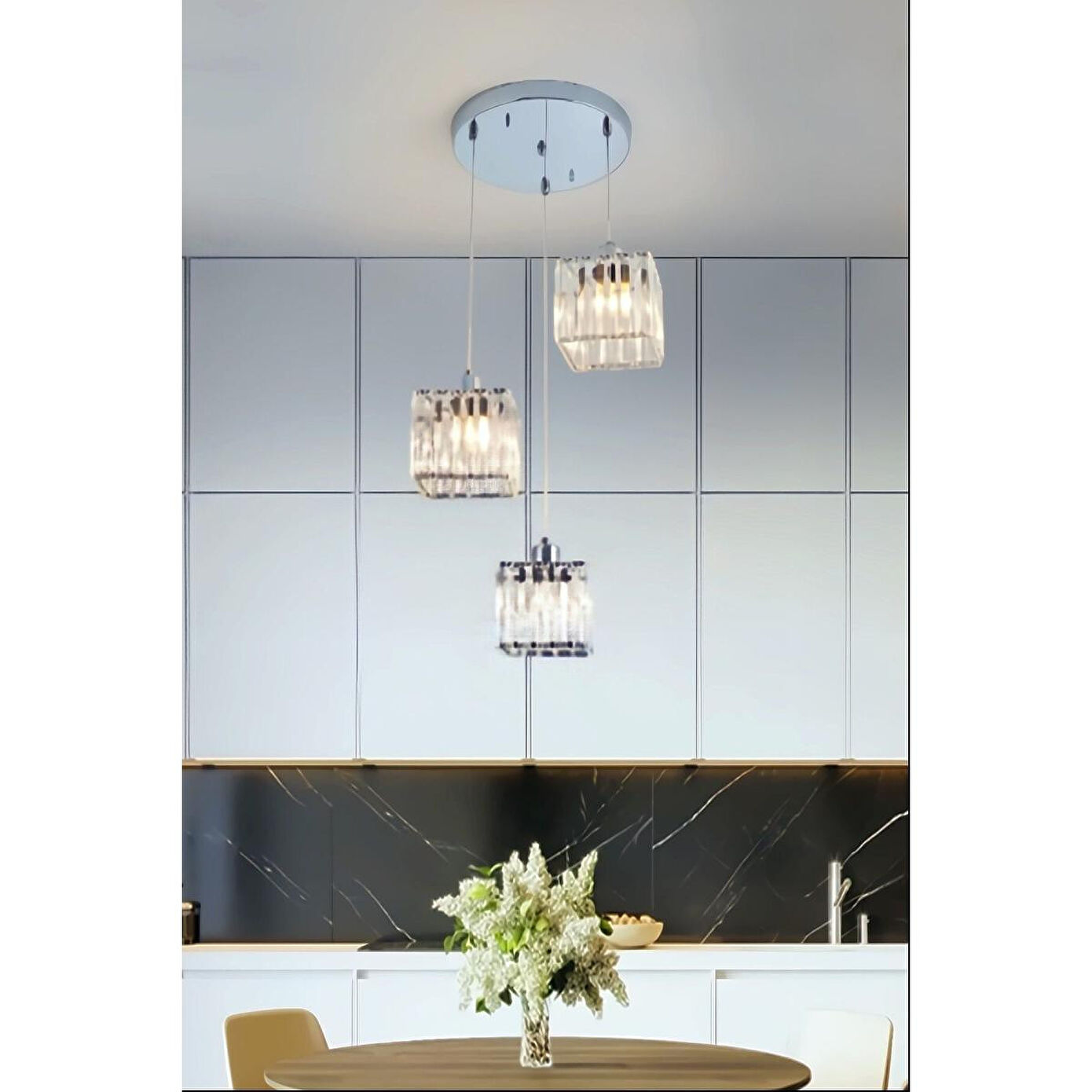 Luna Lighting Roma Model Kare Krom Taşlı Üçlü Sarkıt Avize | Karaca