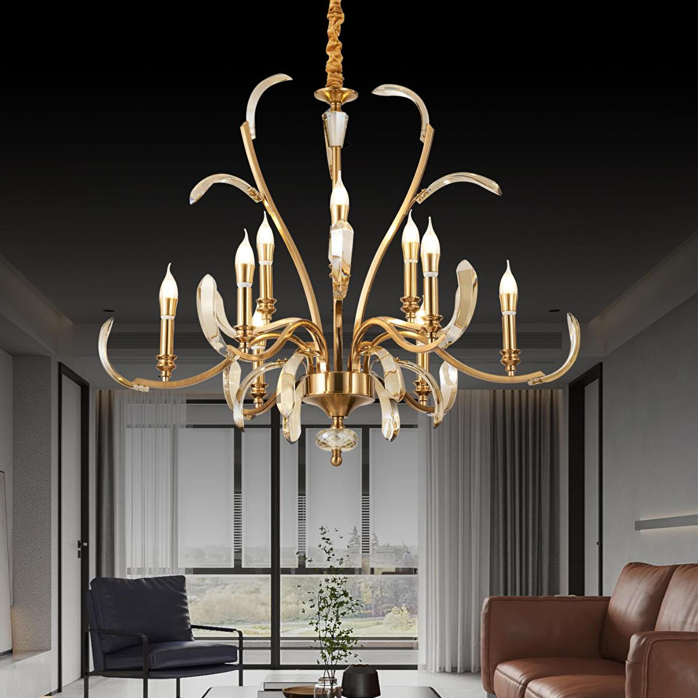 Apliqa Ronja 9'lu Bakır Eskitme Kristal Taşlı Avangart Salon Avize | Karaca